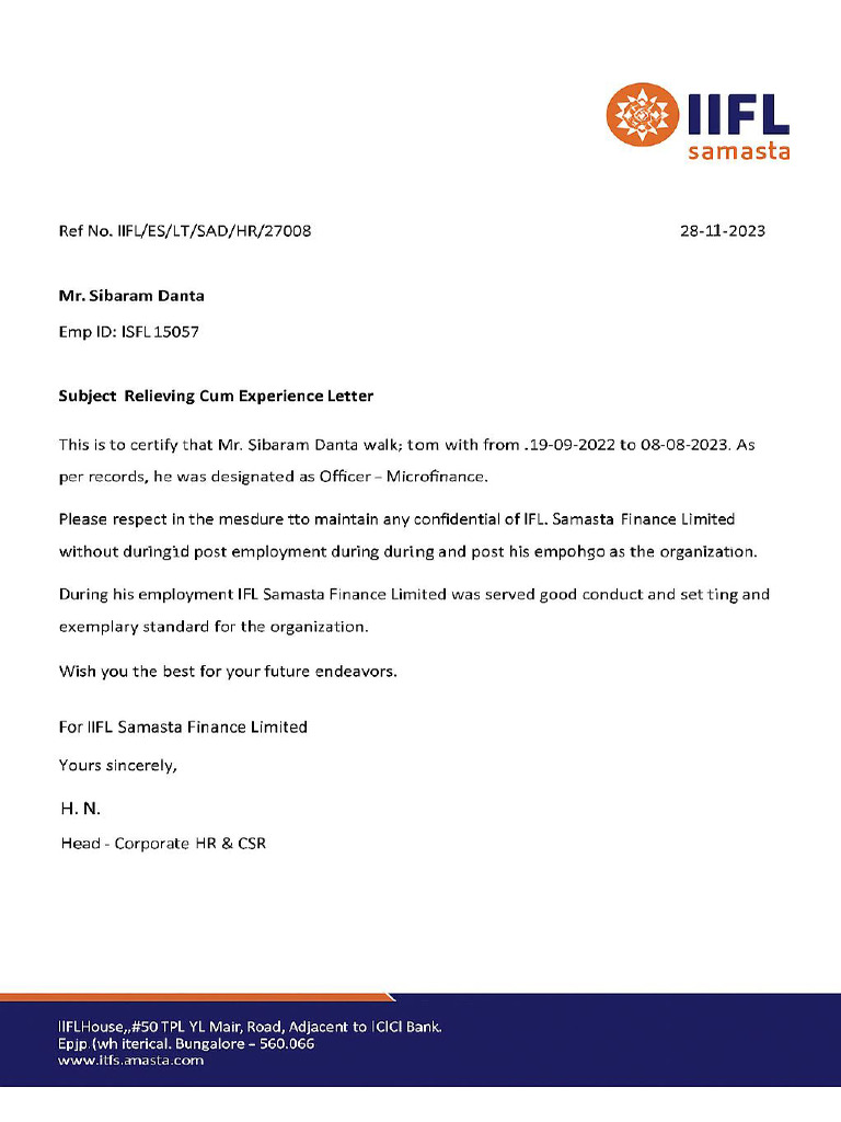 Updated Relieving Letter Sibaram Danta | PDF