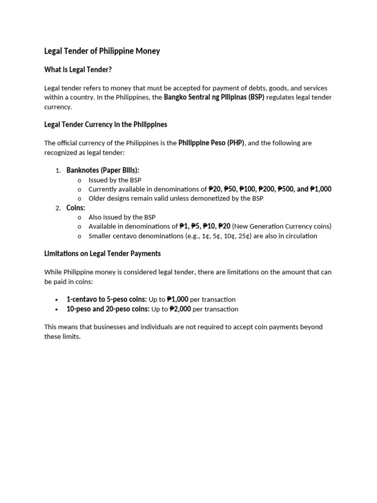 Legal Tender in the Philippines Explained | PDF