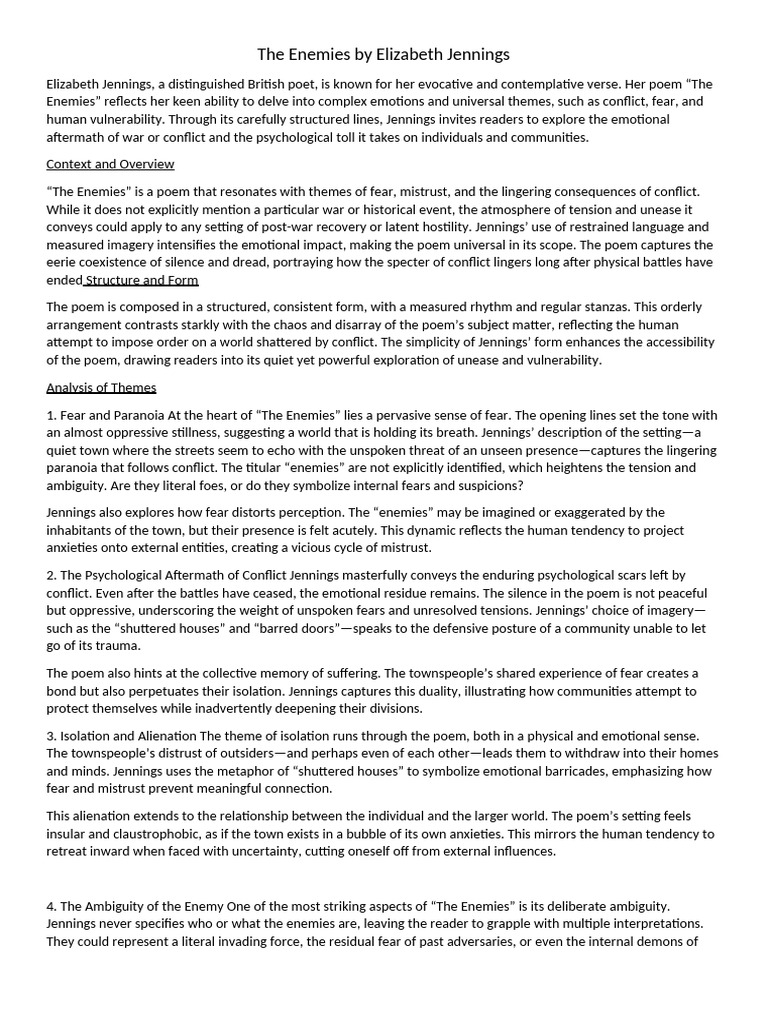 The Enemies by Elizabeth Jennings | PDF | Fear | Poetry