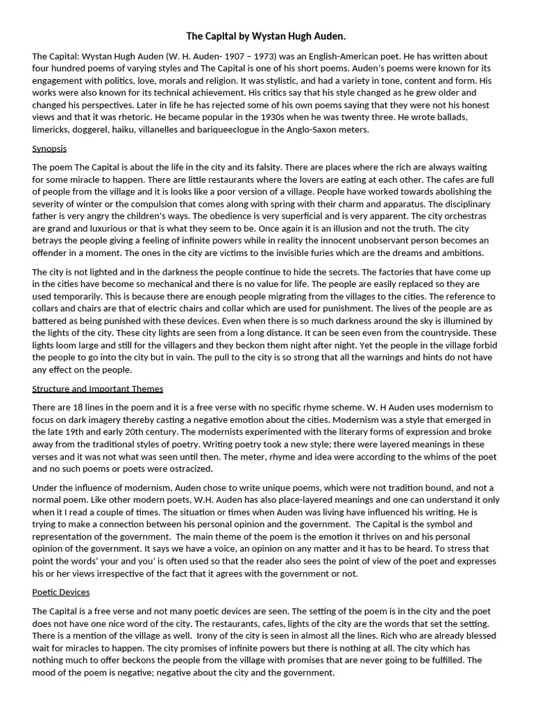 The Capital by Wystan Hugh Auden | PDF | Poetry | Modernism