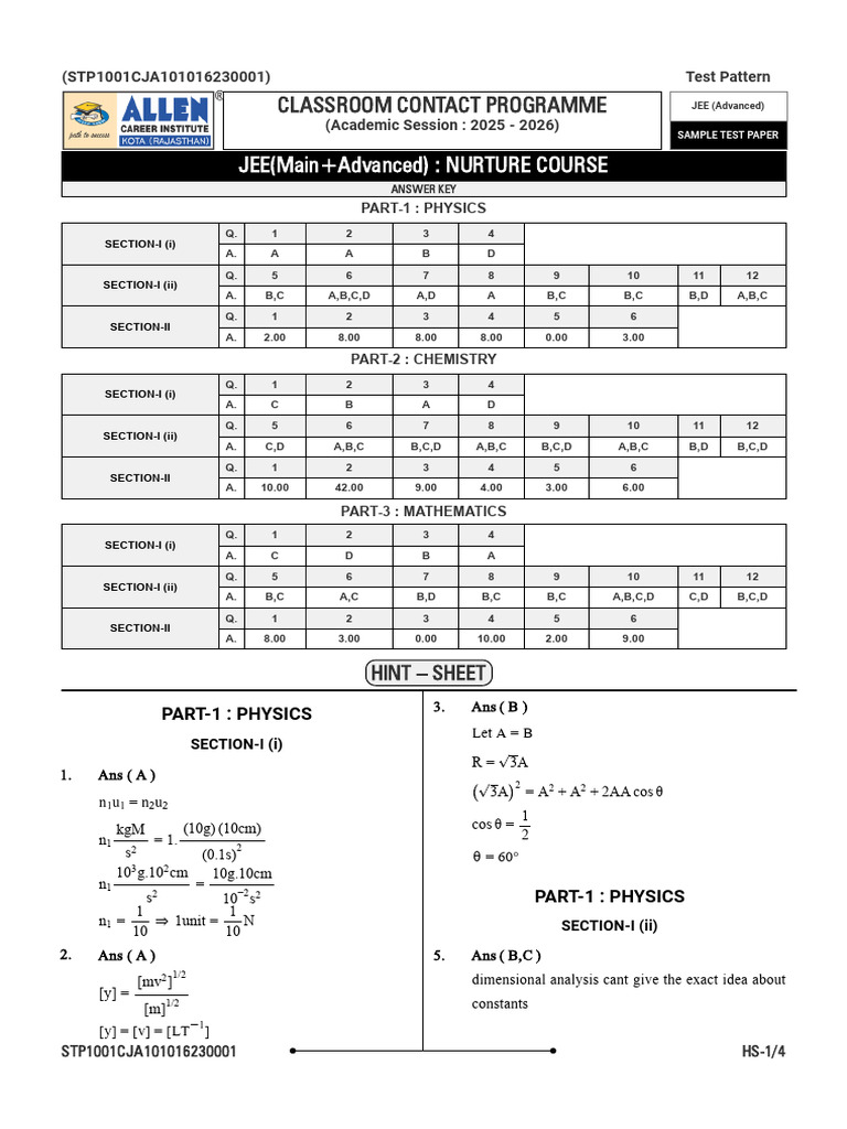 JEE (Main+Advanced) : NURTURE COURSE: Classroom Contact Programme | PDF ...