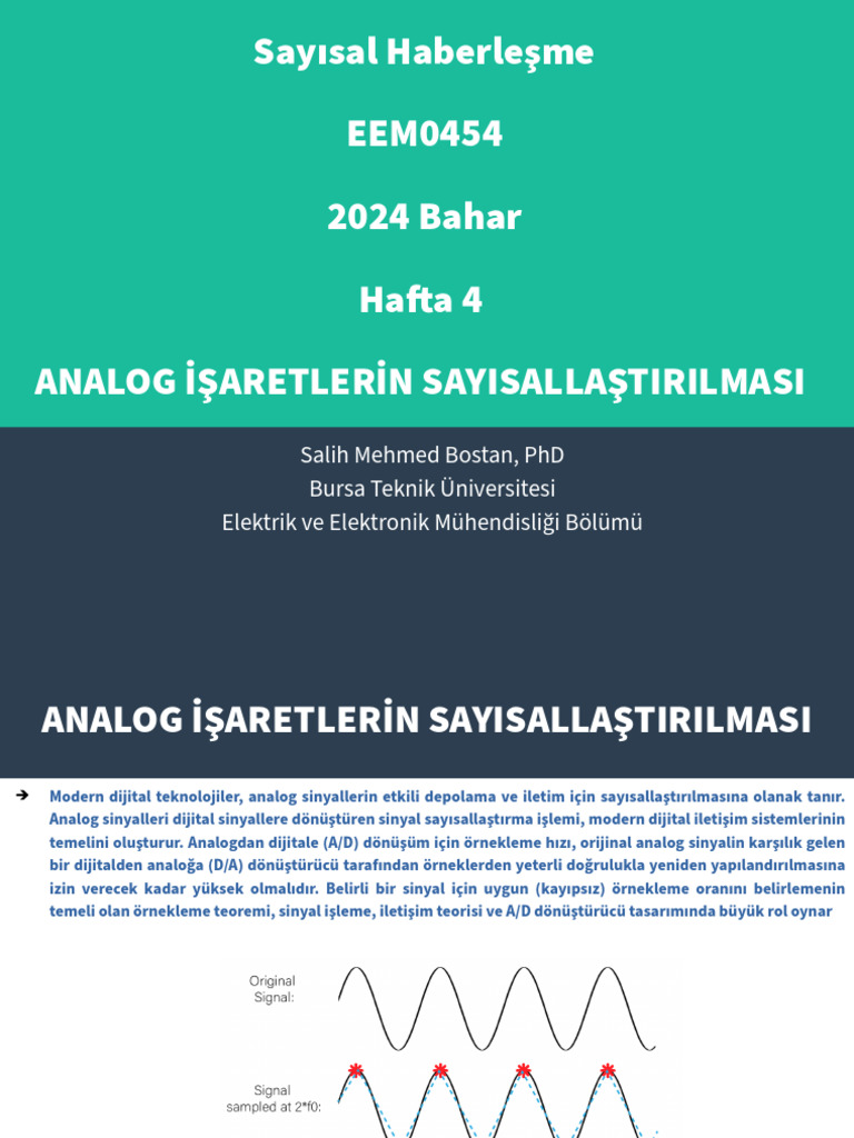 Sayısal Haberleşme EEM0454 2024 Bahar Hafta 4 Analog İşaretlerin Sayisallaştirilmasi | PDF