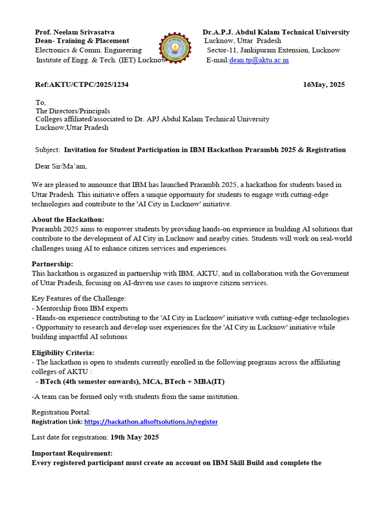 16.05.2025 - Invitation For Student Participation in IBM Hackathon Prarambh 2025 & Registration ...