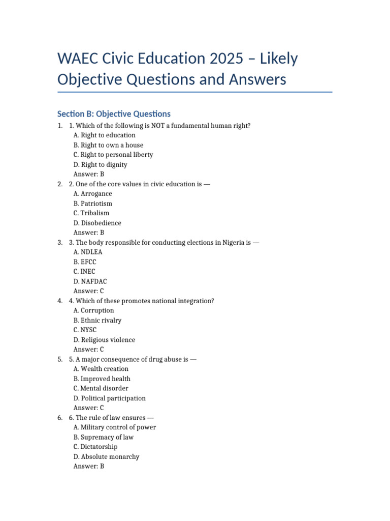 WAEC Civic Education 2025 Objective Questions and Answers | PDF
