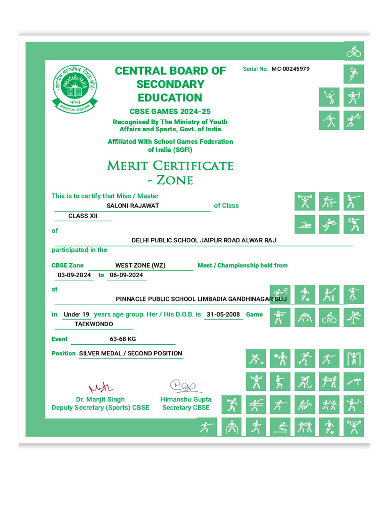 Merit Certificate - Zone - CBSE Class 12th MCQ Question | PDF
