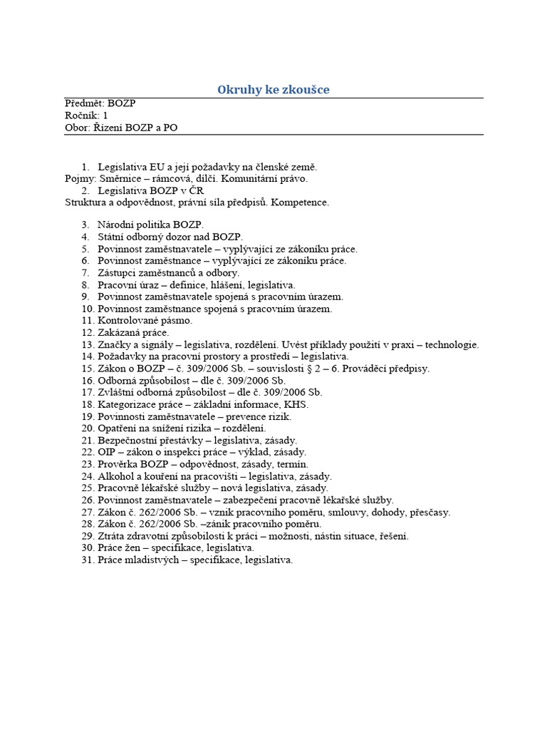 Okruhy Ke Zkoušce Bozp - 1roc | PDF