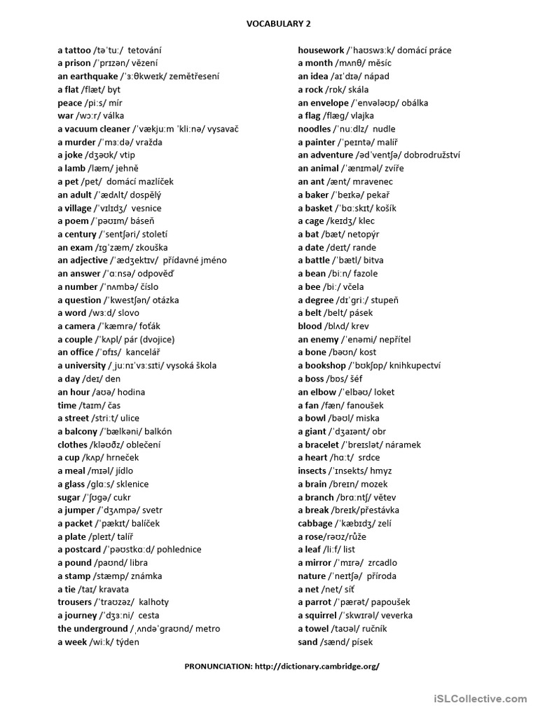 Vocabulary 2 - Vocabulary List | PDF
