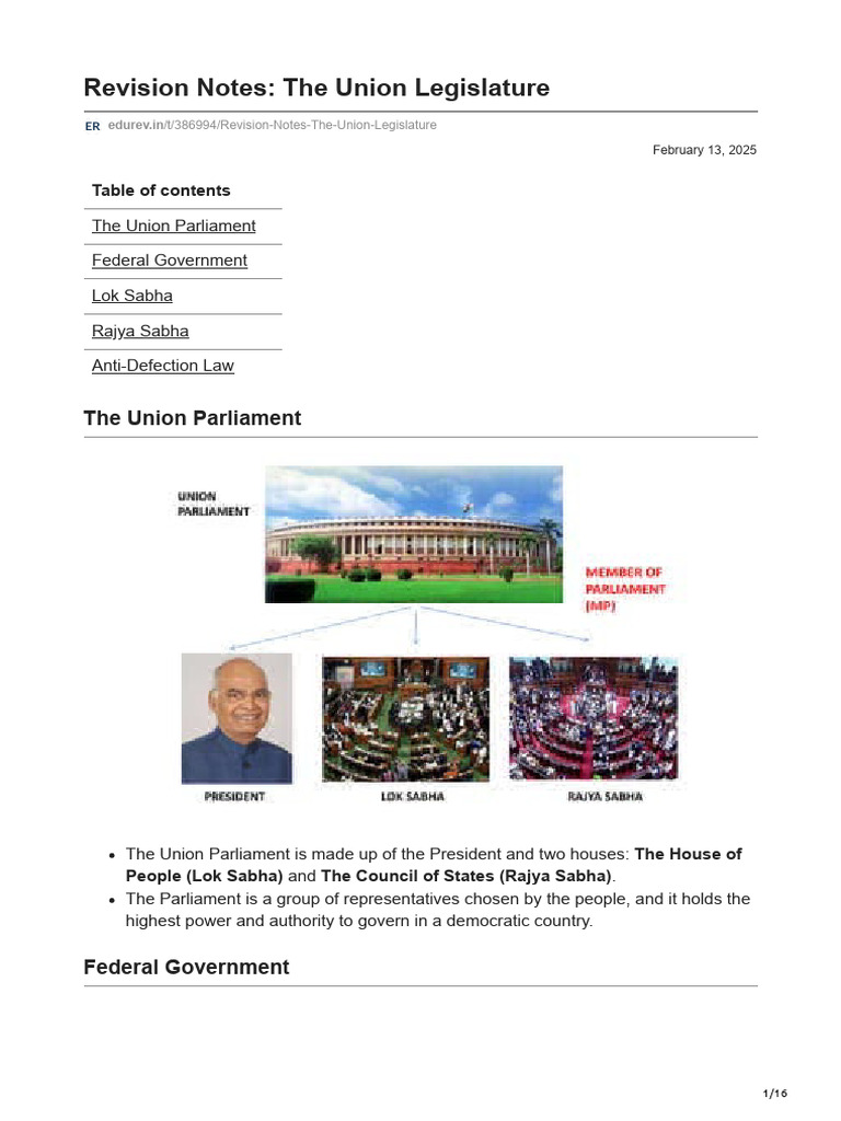 Edurev - In-Revision Notes The Union Legislature | PDF | United States ...
