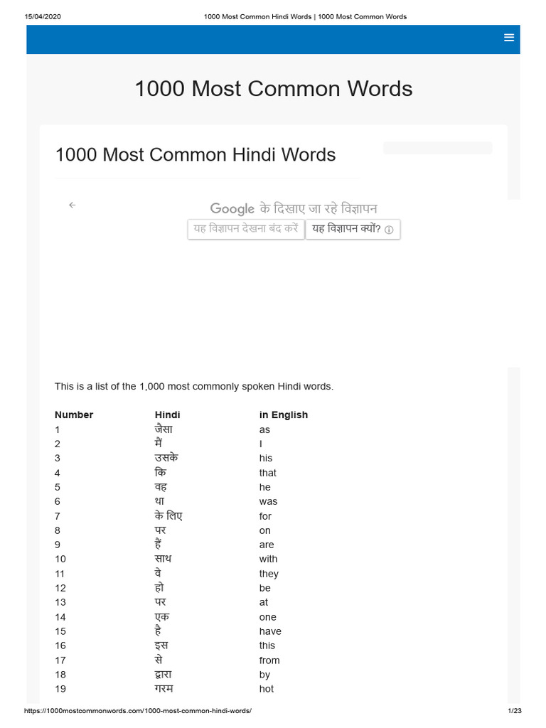1000 Most Common Hindi Words | PDF