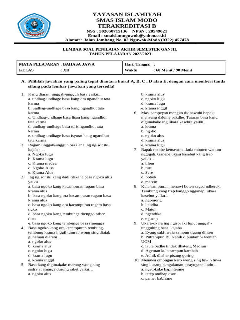 Soal Pas Ganjil BJW Xii 2022-2023 | PDF