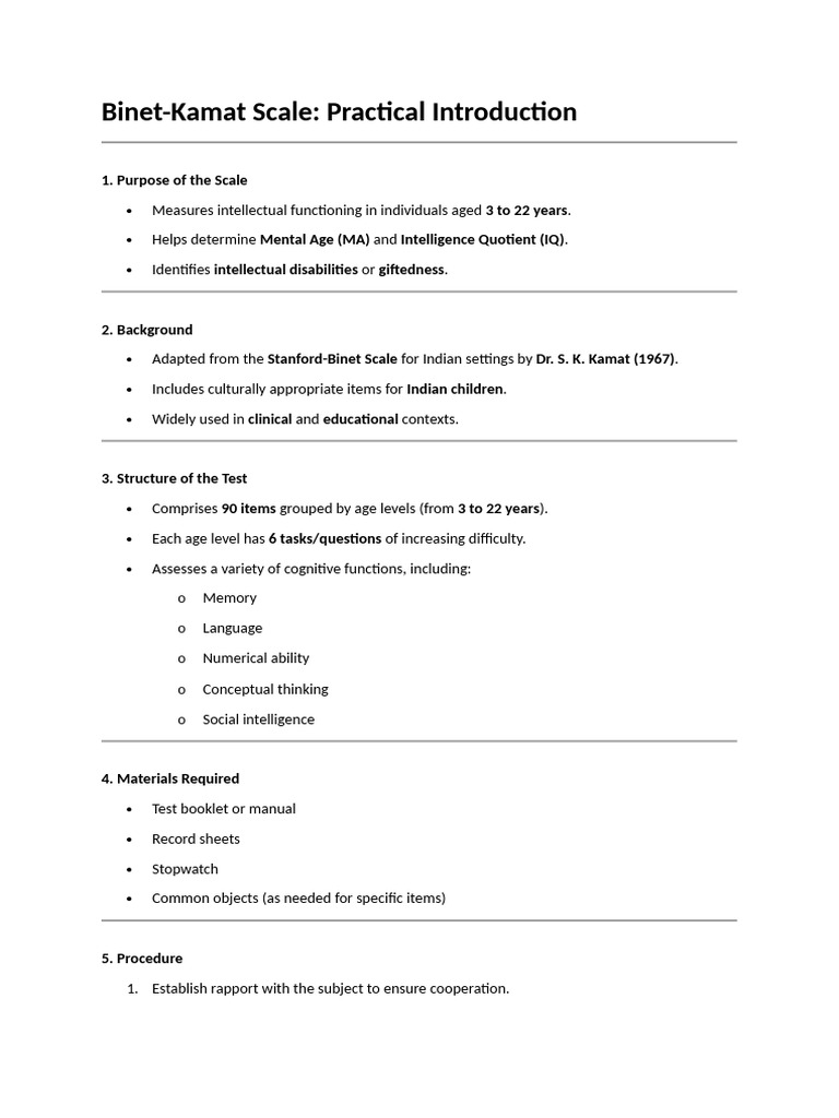 Binet-Kamat Scale: Practical Introduction: o o o o o | PDF