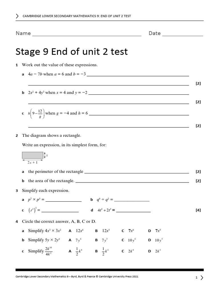 Y9 Unit 2 End-of-unit test (Expressions and Formulae)_NextGen (3) | PDF ...