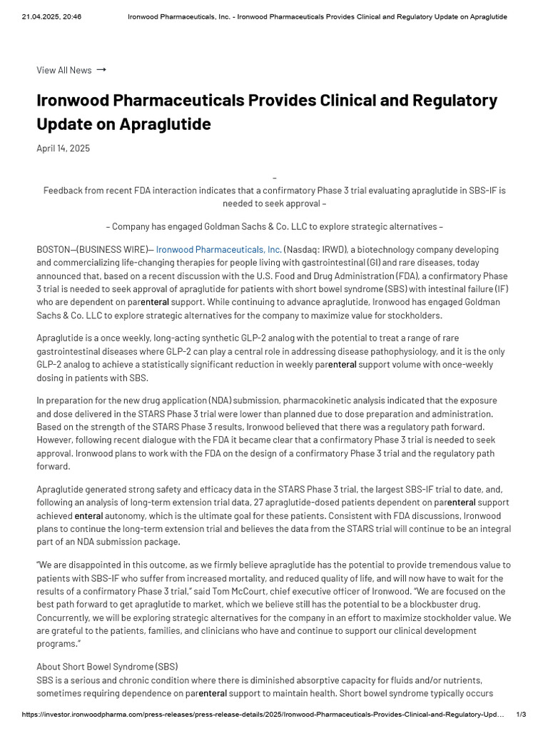 Ironwood Pharmaceuticals, Inc. - Ironwood Pharmaceuticals Provides ...