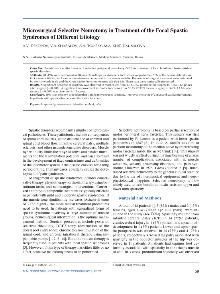 Microsurgical Selective Neurotomy in Treatment of The Focal Spastic ...