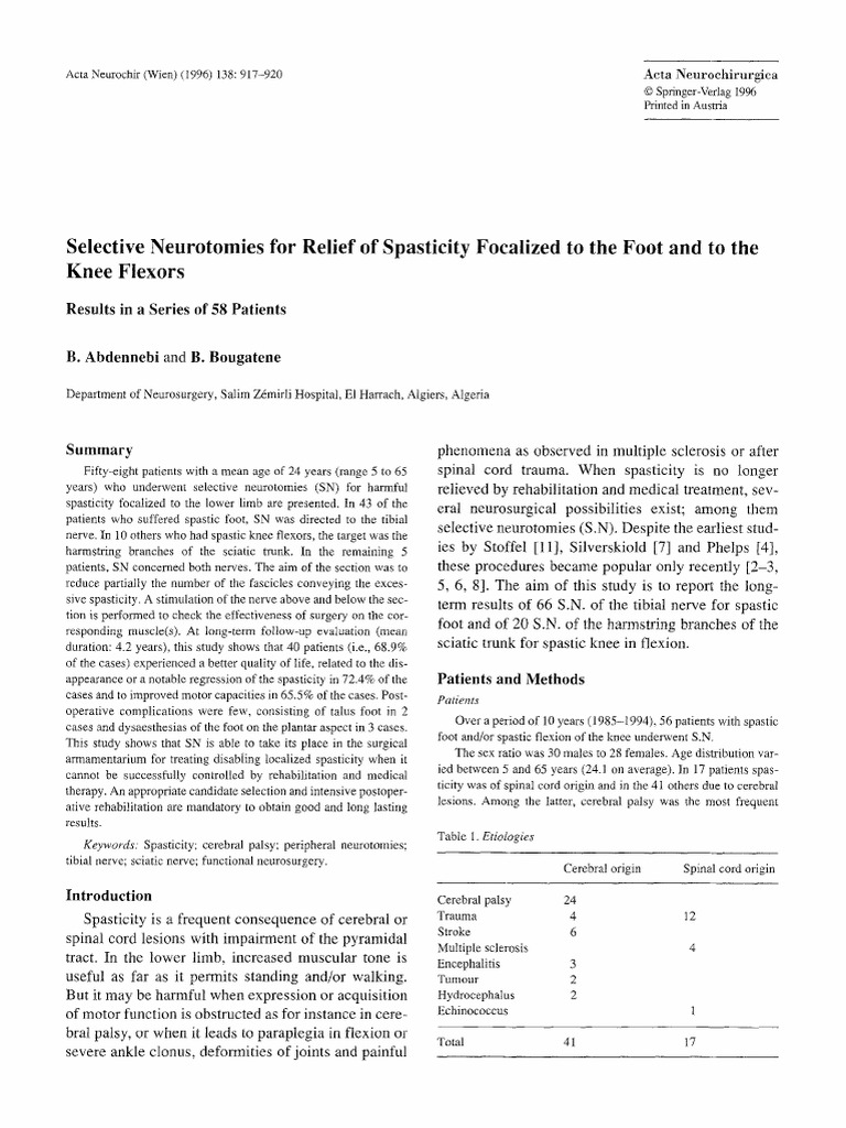 Selective neurotomies for relief of spasticity focalized to the foot ...