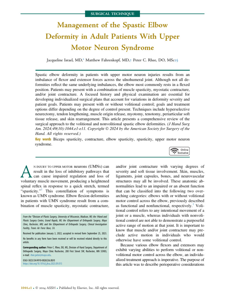 Management of The Spastic Elbow Deformity in Adult Patients With Upper ...