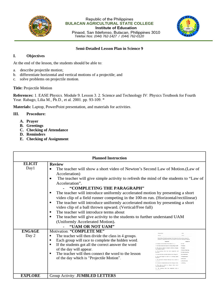 Projectile Motion Lesson Plan for Grade 9 | PDF | Physics | Mechanical ...