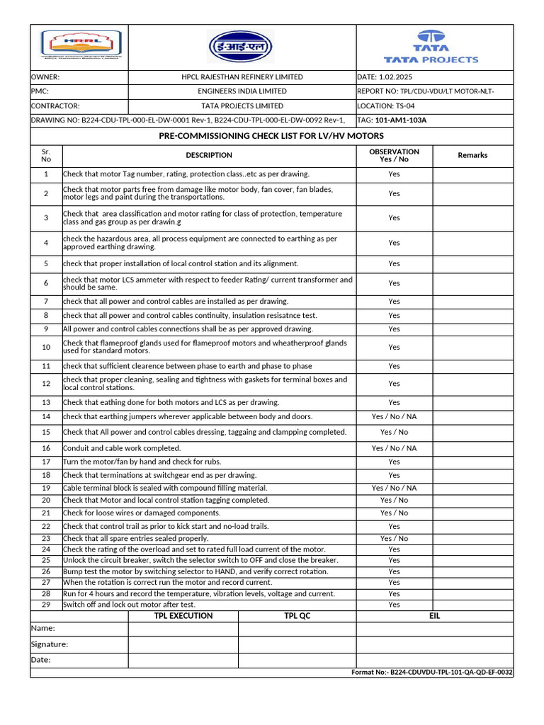 Pre-Comm Checklist For LV MV Motors | PDF | Electronics | Power (Physics)