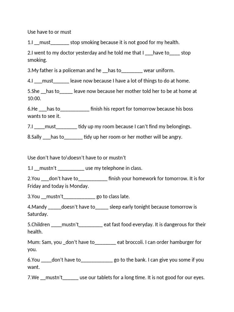 Have To and Must Answer Key | PDF