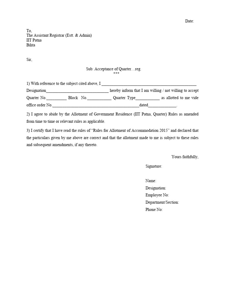 Acceptance of Quarter Allotment Letter | PDF