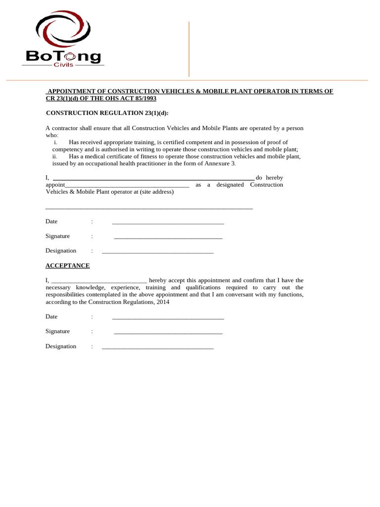 Appointment of Plant Vehicle Operators | PDF