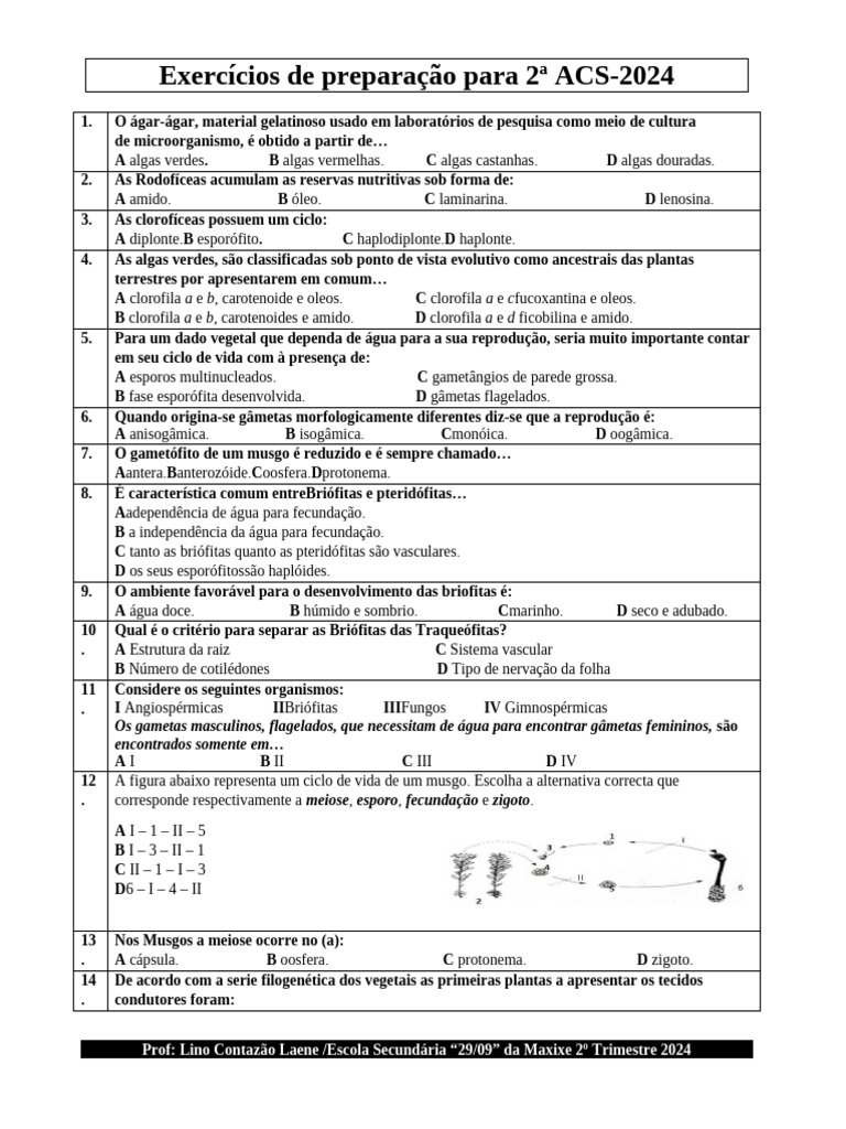 Exercicios de Preparcao para 2 Acs 2024 | PDF | Musgo | Plantas