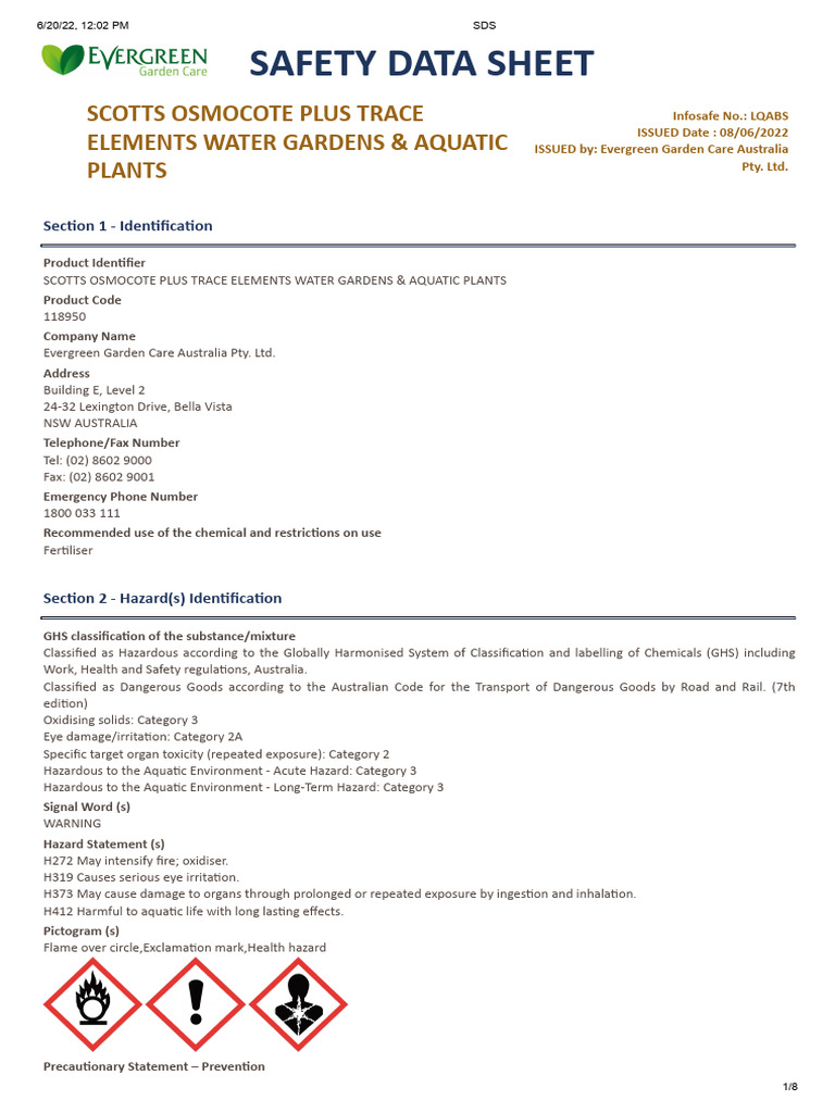 OSMOCOTE Water Gardens Safety Data Sheet | PDF | Dangerous Goods ...
