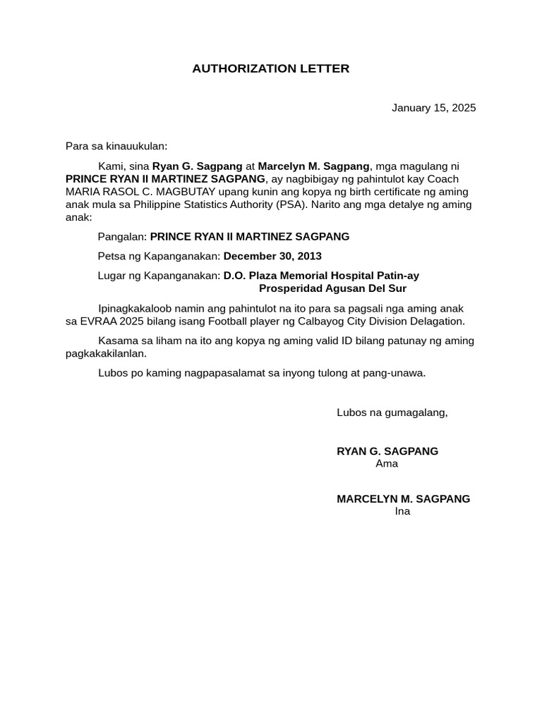 AUTHORIZATION LETTER For PSA | PDF
