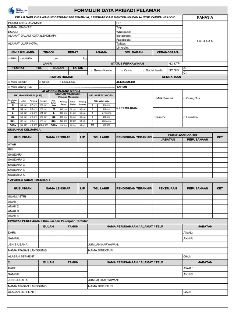 Formulir Data Pribadi Pelamar Kerja | PDF