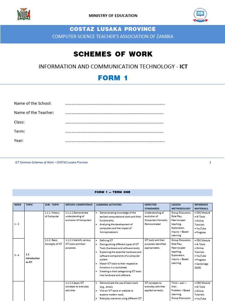 Form 1 ICT Common Schemes of Work | PDF | Computer File | Educational ...