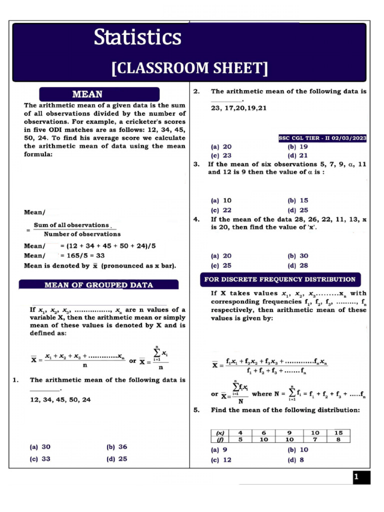 Statistics Class Worksheet | PDF