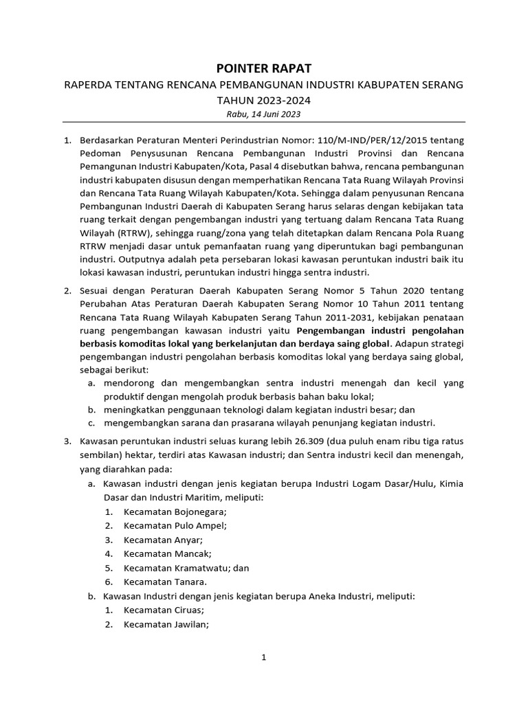 Pointer Rapat Rencana Pembangunan Industri Daerah Kabupaten Serang | PDF