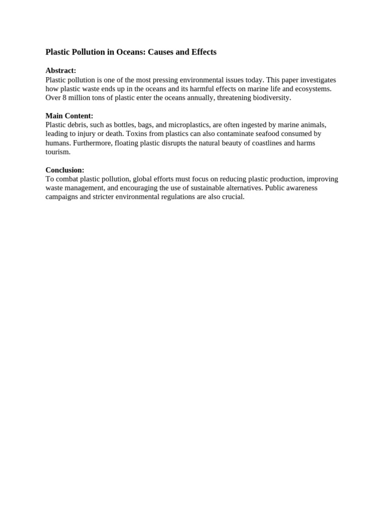 Title Plastic Pollution in Oceans Causes and Effects | PDF
