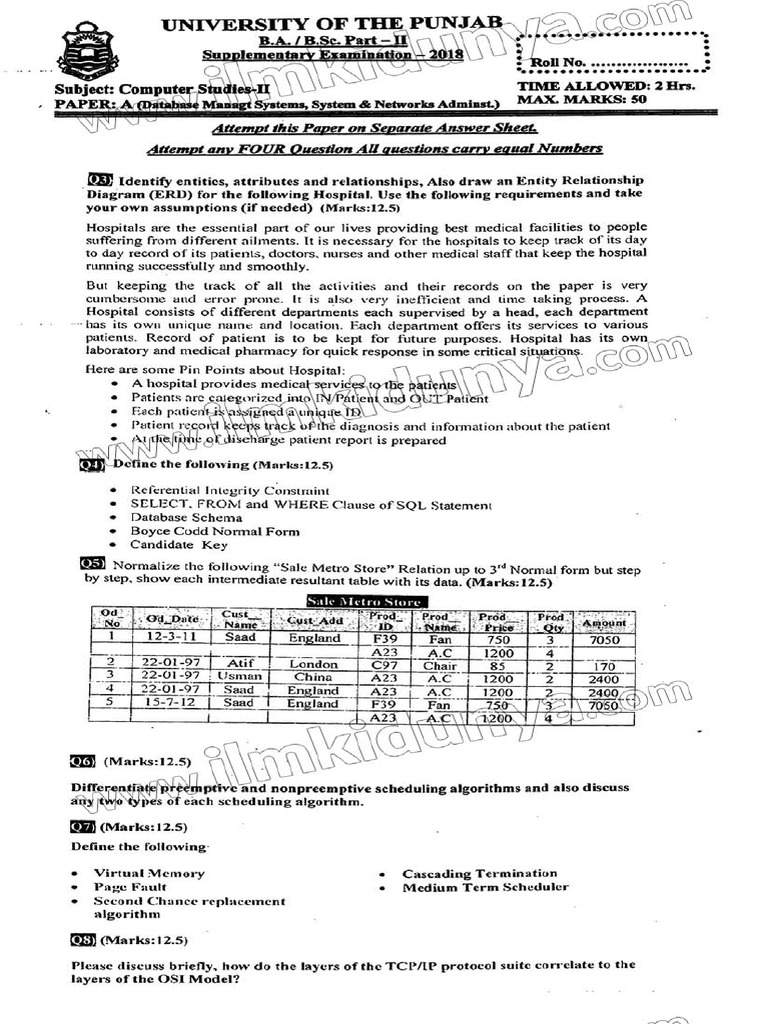 Past Paper BA BSC Part 2 Punjab University Computer Studies ...