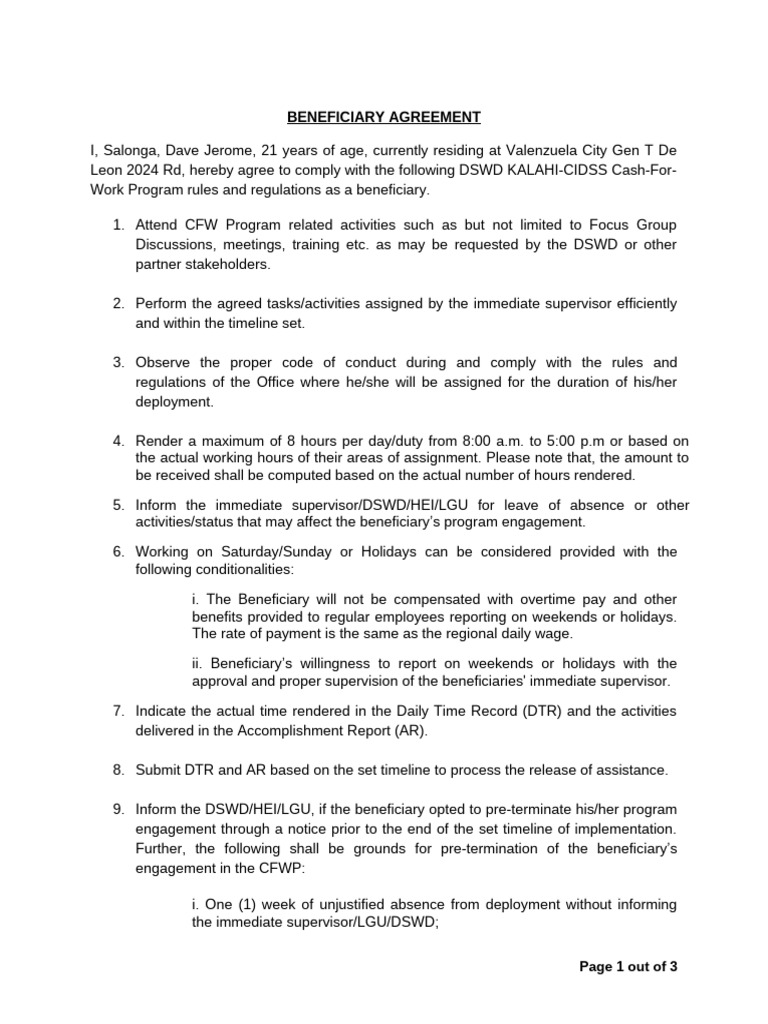 ANNEX I - Beneficiary Agreement | PDF | Overtime | Labor