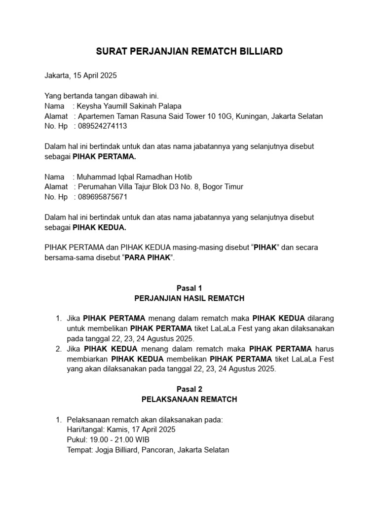 Surat Perjanjian Rematch Billiard | PDF