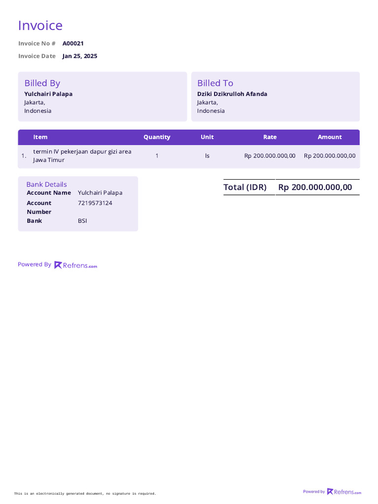 Invoice A00021 Yulchairi Palapa Dziki Dzikrulloh Afanda | PDF