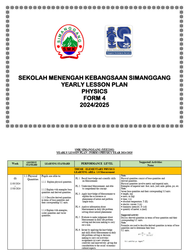 2024 F4 Physics Yearly Plan | PDF | Force | Acceleration