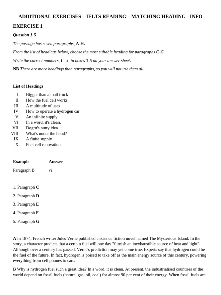 Hydrogen Cars: Matching Headings Exercise | PDF | Fuel Cell | Fuels