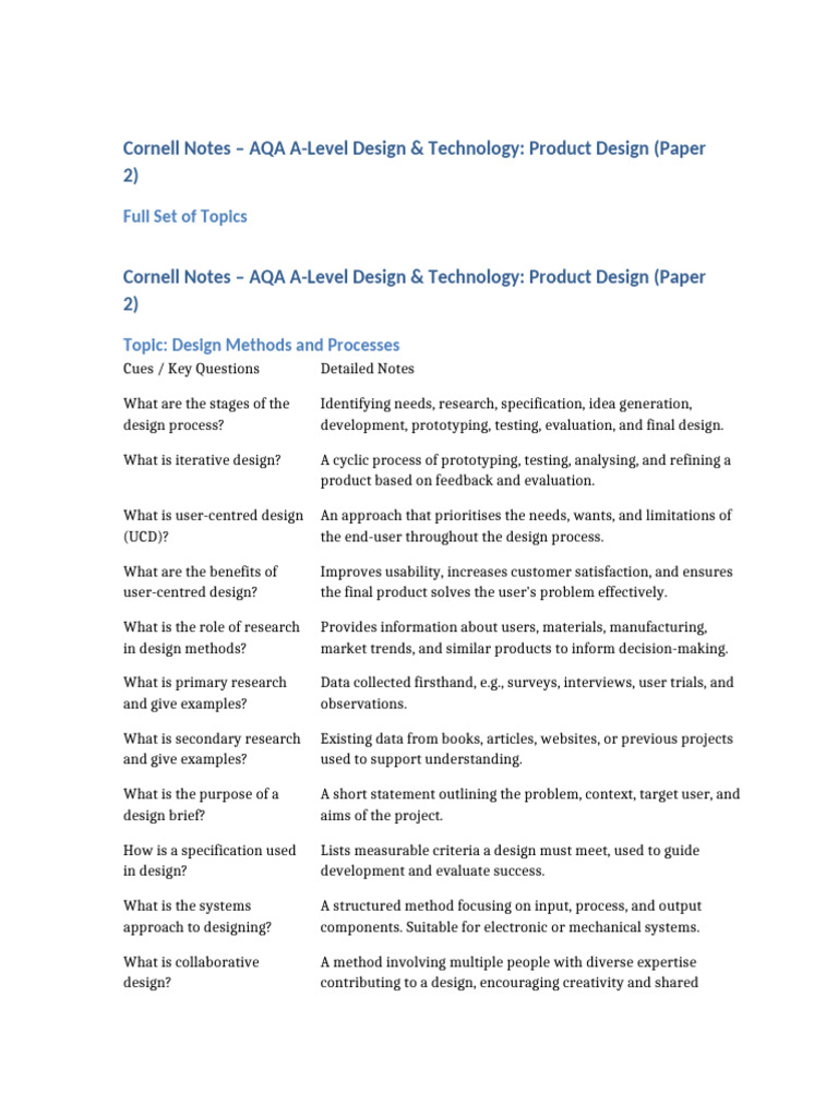 AQA A-Level Product Design Cornell Notes | PDF | Usability | Prototype