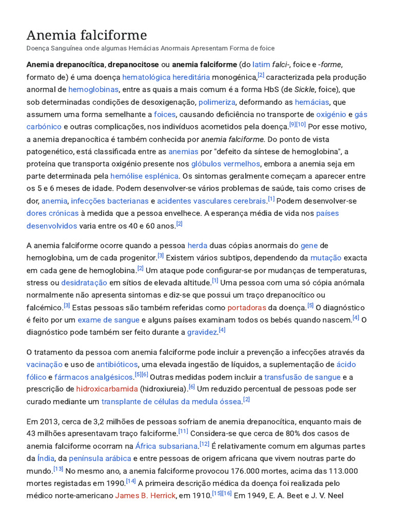 Anemia Falciforme - Wikipédia, A Enciclopédia Livre | PDF | Medicina ...