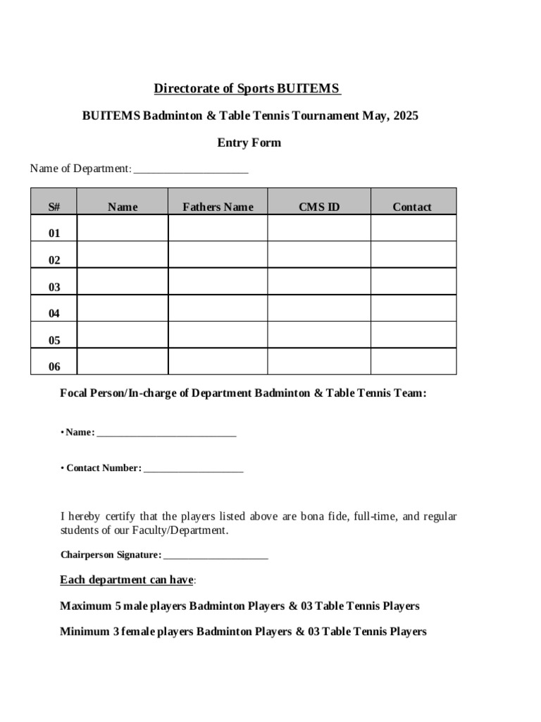 BUITEMS Badminton & Table Tennis Entry Form | PDF