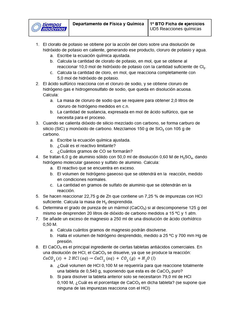 1BTO - Ficha de Ejercicios - UD5 Reacciones Químicas | PDF | Ácido clorhídrico | Cloruro