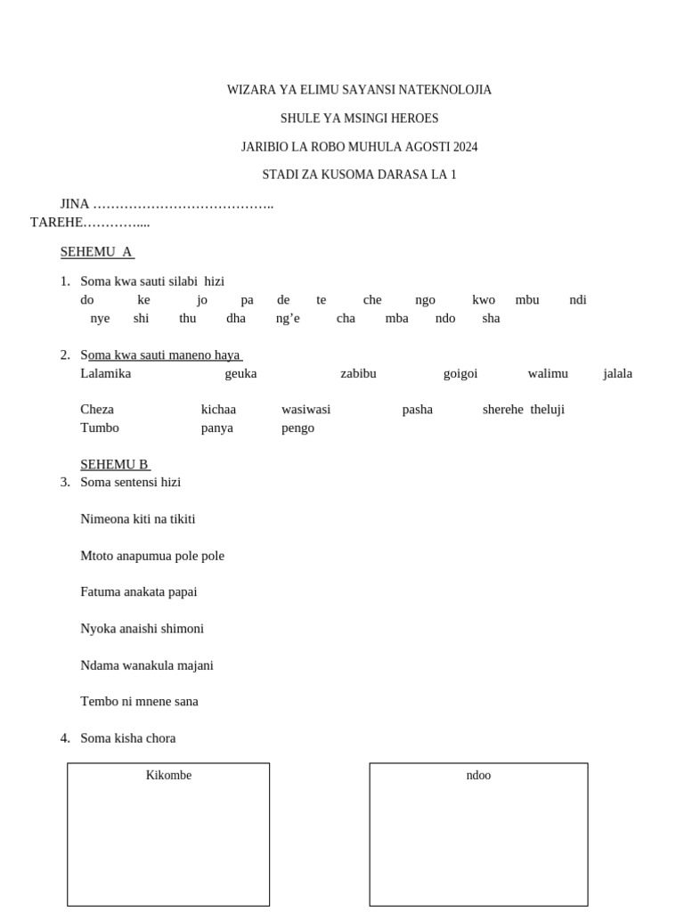 Class One Examination File For All Subjects | PDF