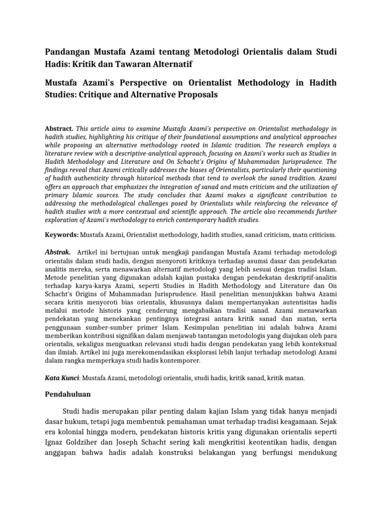 Pandangan Mustafa Azami Tentang Metodologi Orientalis Dalam Studi Hadis Kritik Dan Tawaran ...