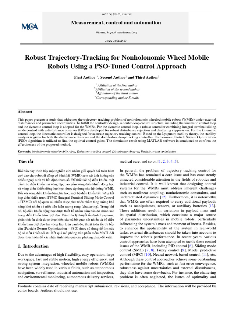 MCA Robust Trajectory Tracking For Nonholonomic Wheel Mobile Robots Using A PSO Tuned Control ...