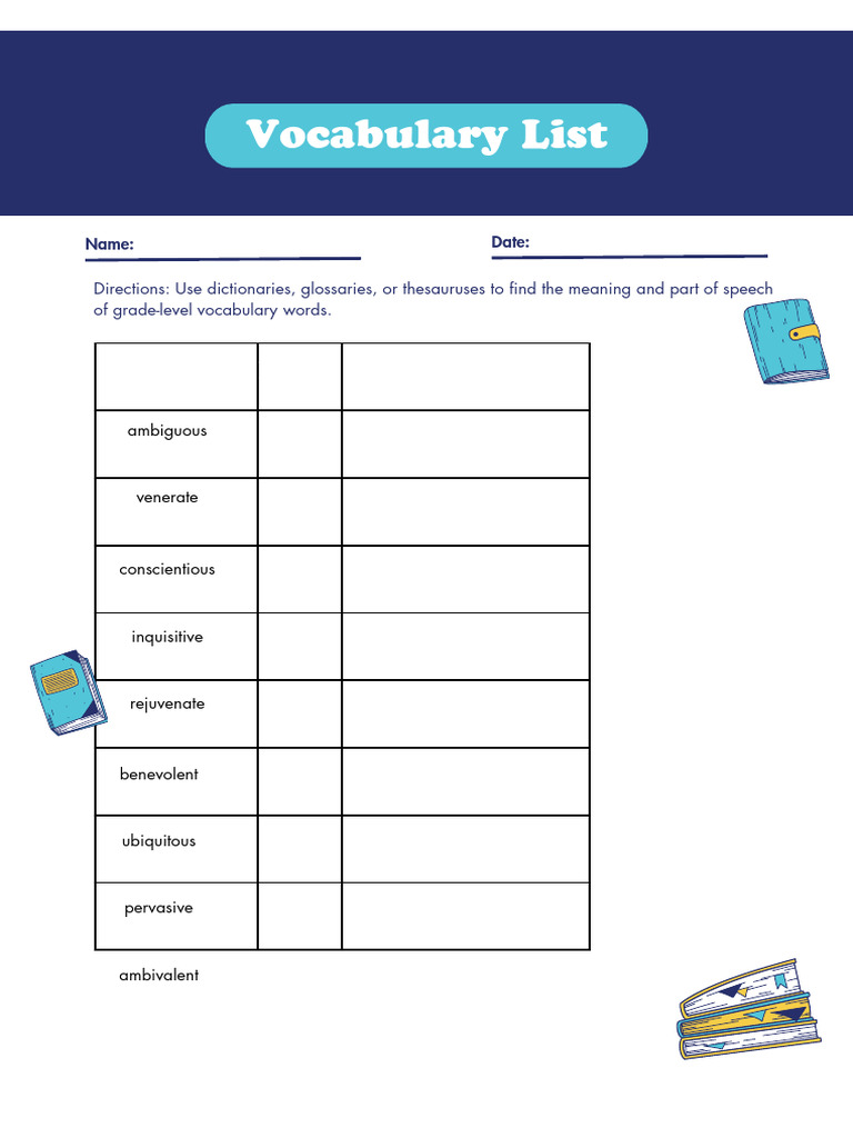 Language Arts Vocabulary List Worksheet in White and Blue Table Style ...