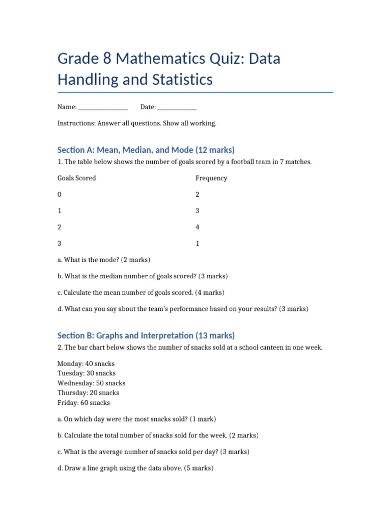 Grade8 Math Quiz Data Handling | PDF