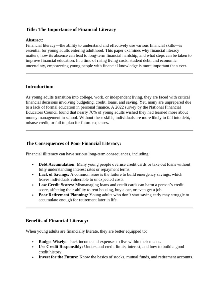 Financial Literacy for Young Adults | PDF | Cost Of Living | Financial ...