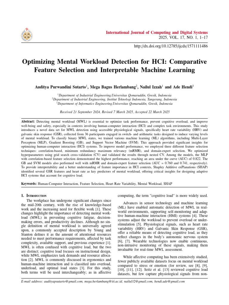 Sutarto2025 - Optimizing MWL Detection HCI | PDF | Cross Validation (Statistics) | Machine Learning